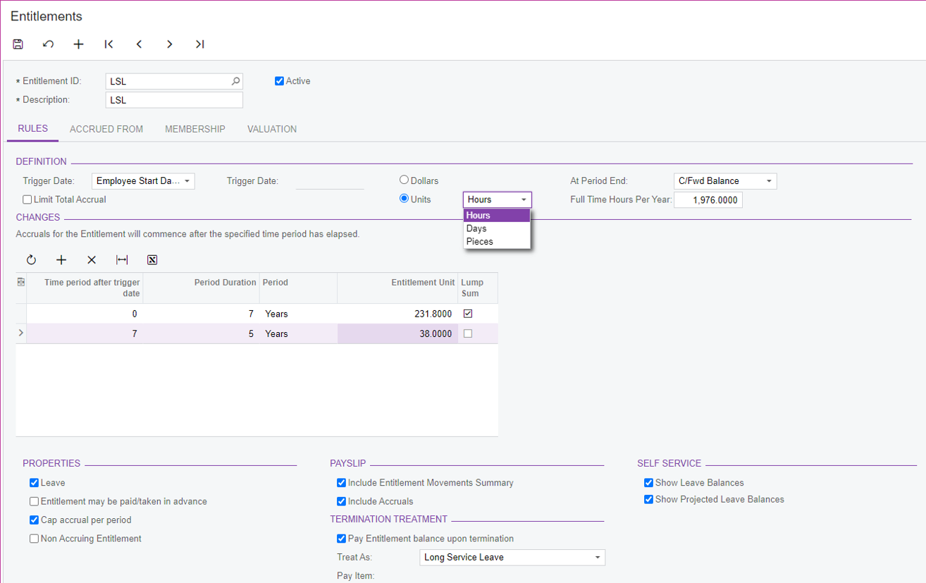 Set up Long Service Leave Accrual with Hours as unit